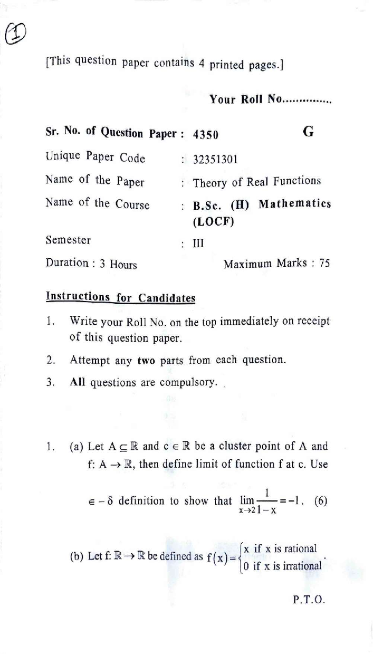 Math-24 - 1 question paper contains 4 printed Your Roll No Sr. No. of ...