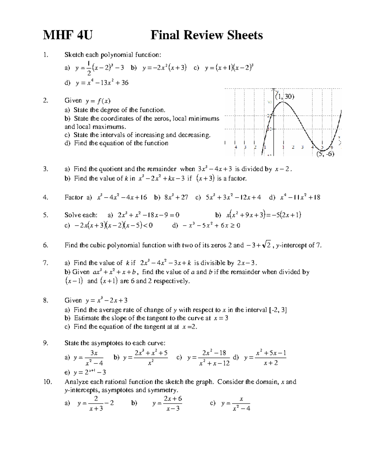 MHF 4U Final Review Sheets - MHF 4U Final Review Sheets Sketch each polynomial function: a) ( 2 ...