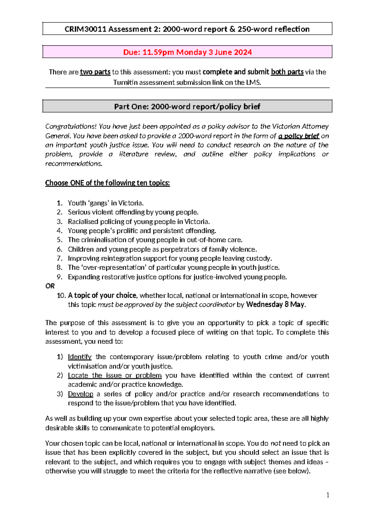 CRIM30011 2024 Assessment 2 - Policy Brief - CRIM30011 Assessment 2: ...