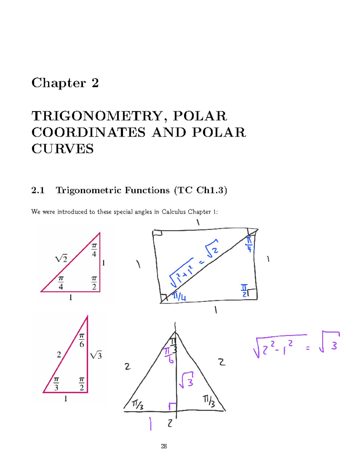 Week 2 Algebra Lecture 31 Trig Functions Notes Chapter 2 Trigonometry Polar Coordinates