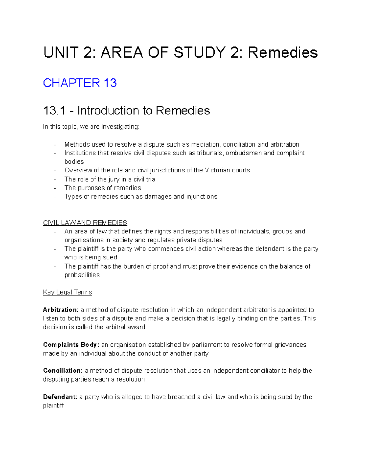 Legal Studies Unit 2 AOS2 - UNIT 2: AREA OF STUDY 2: Remedies CHAPTER ...