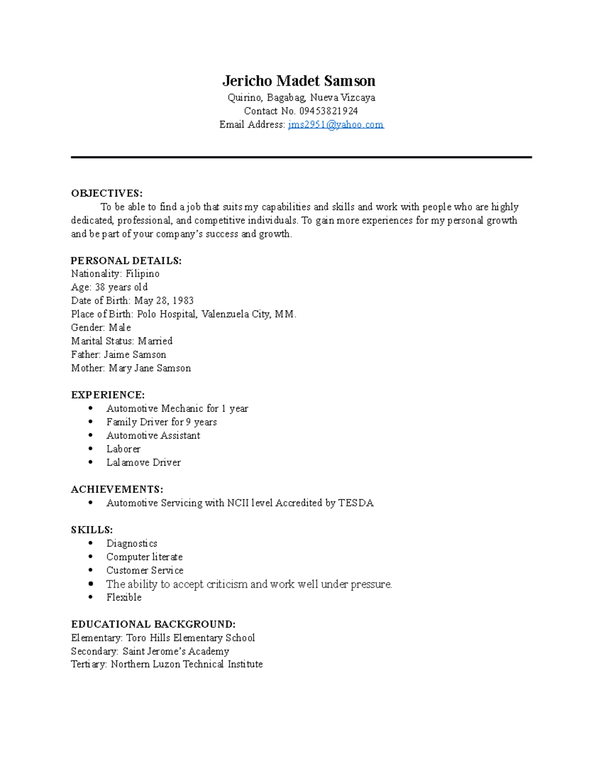 Resume samson - Go on - Jericho Madet Samson Quirino, Bagabag, Nueva Vizcaya Contact No ...