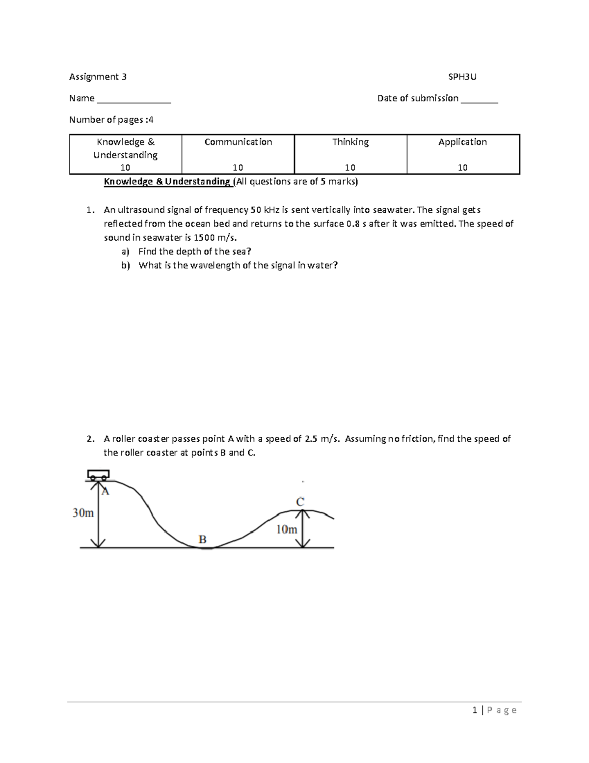 Assignment 3- SPH3U - This is a grade 11 physics worksheet on energy ...