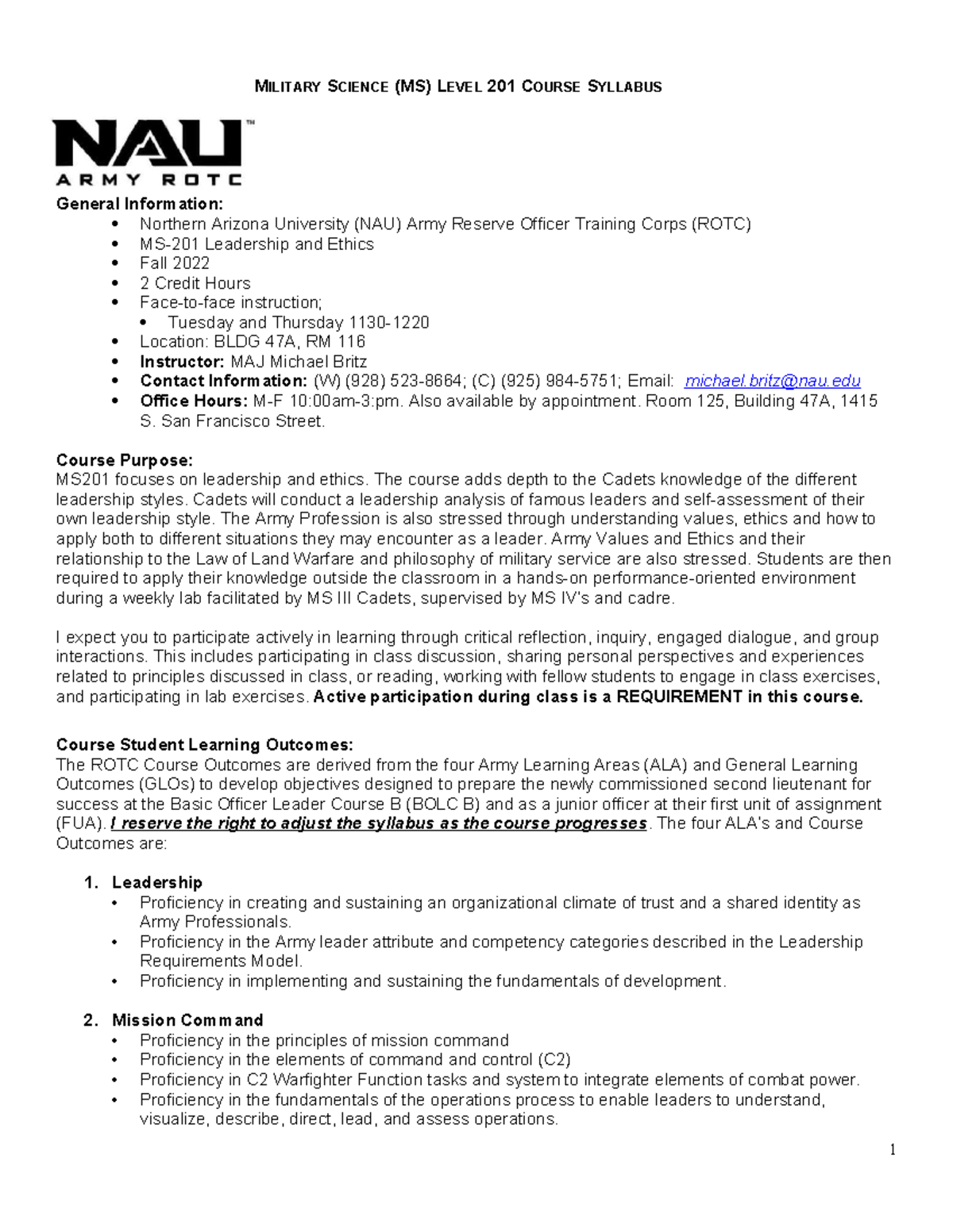 Naumst - MS201 Fall 22 Course Syllabus MST - MILITARY SCIENCE (MS ...