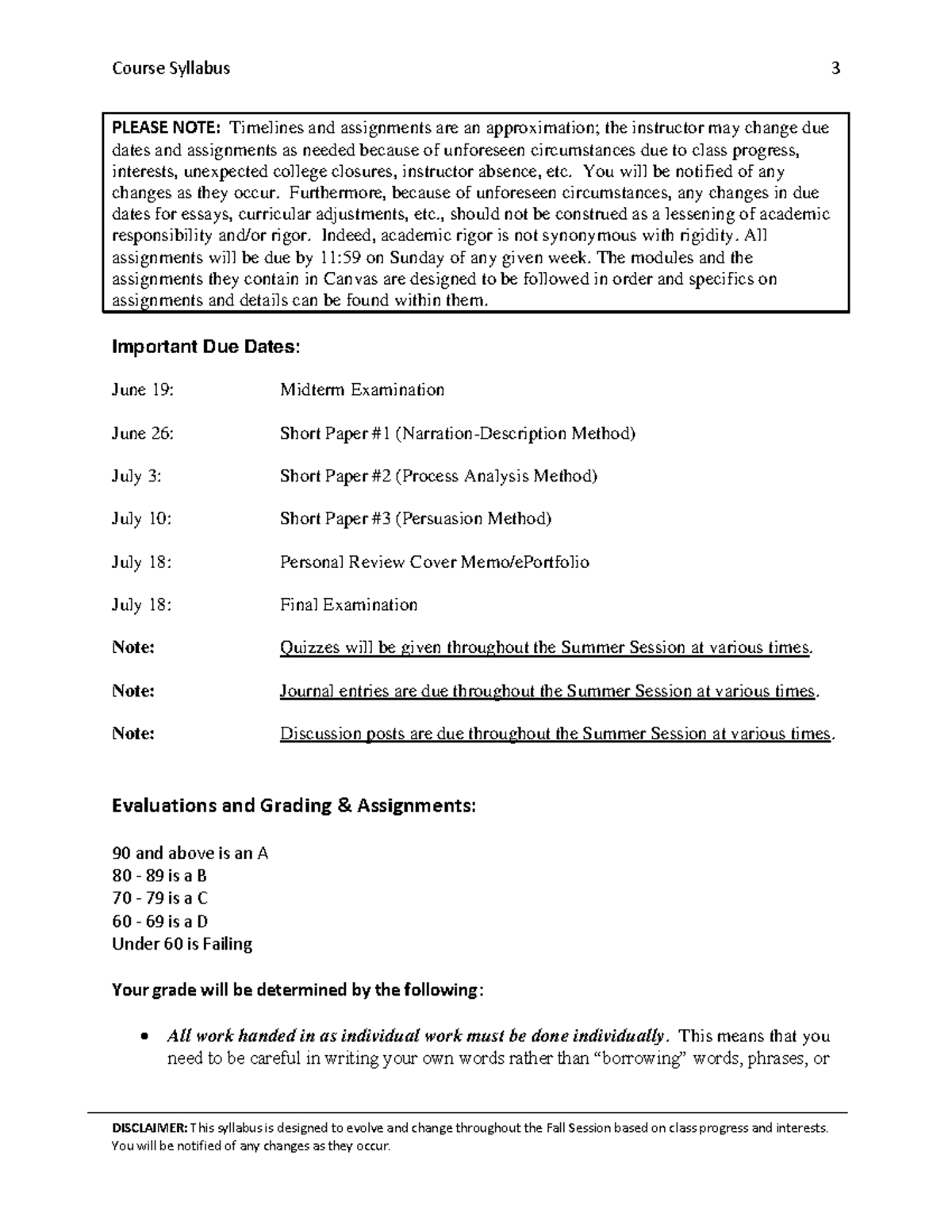 WRT 101 Writing 101 Section 3 Writing I03 - Course Syllabus DISCLAIMER ...