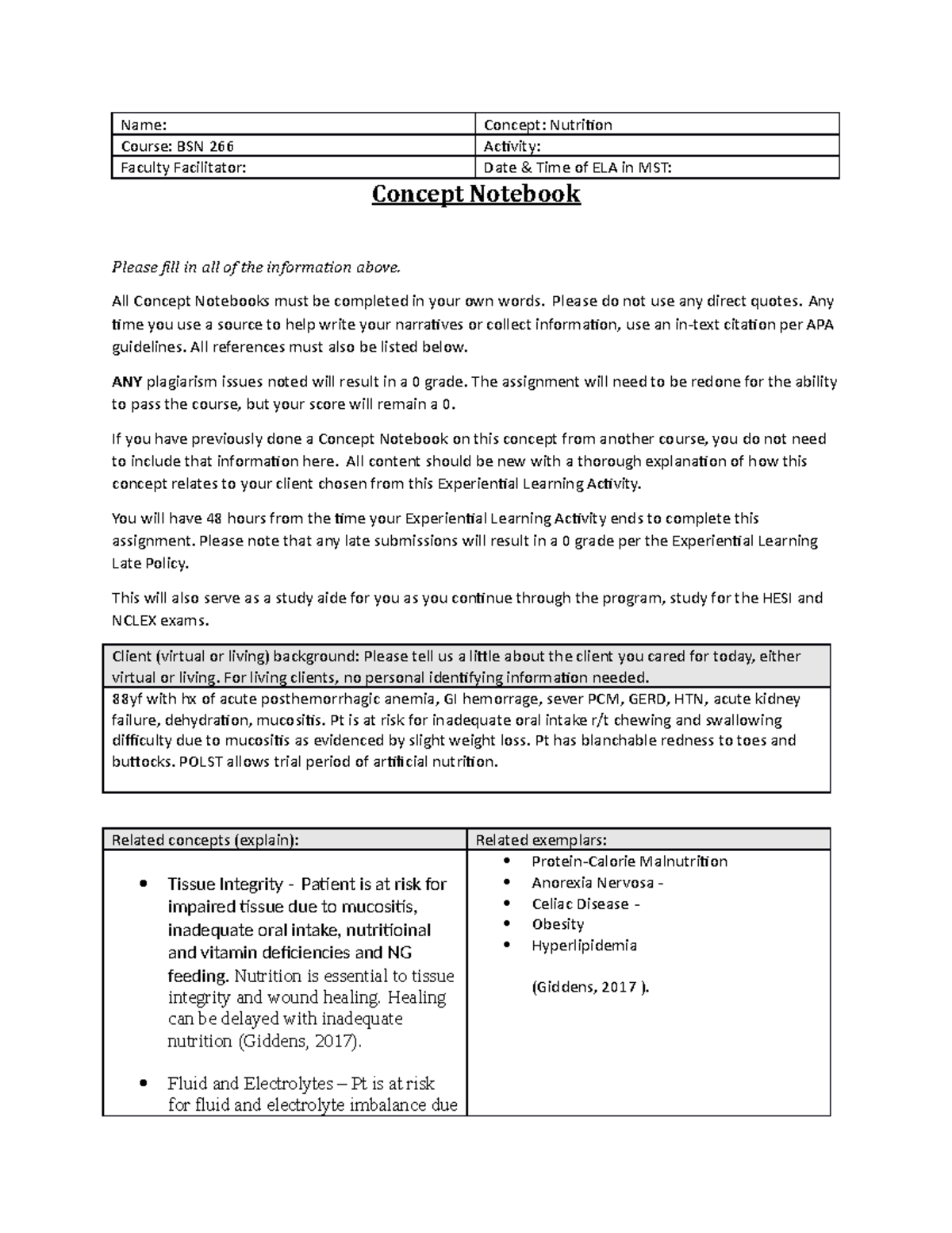 266 Concept Notebook Nutrition - Name: Concept: Nutrition Course: BSN ...