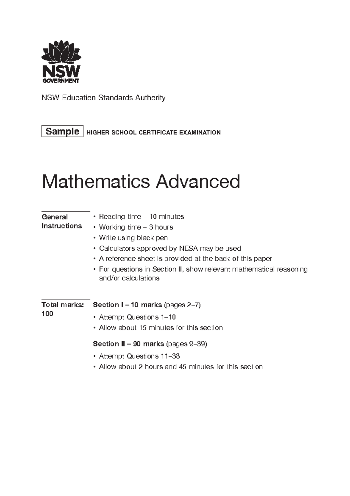 Mathematics advanced sample examination materials 2020 - Reading time ...