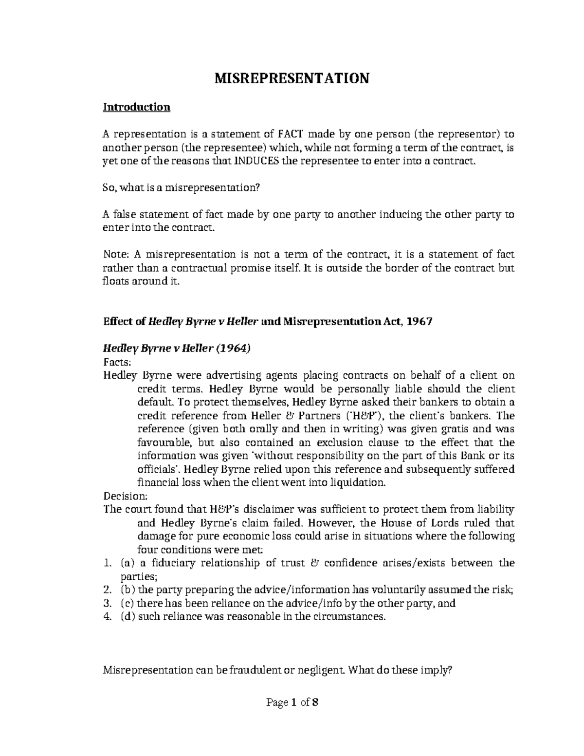 AB Misrepresentation - NOTES - MISREPRESENTATION Introduction A ...