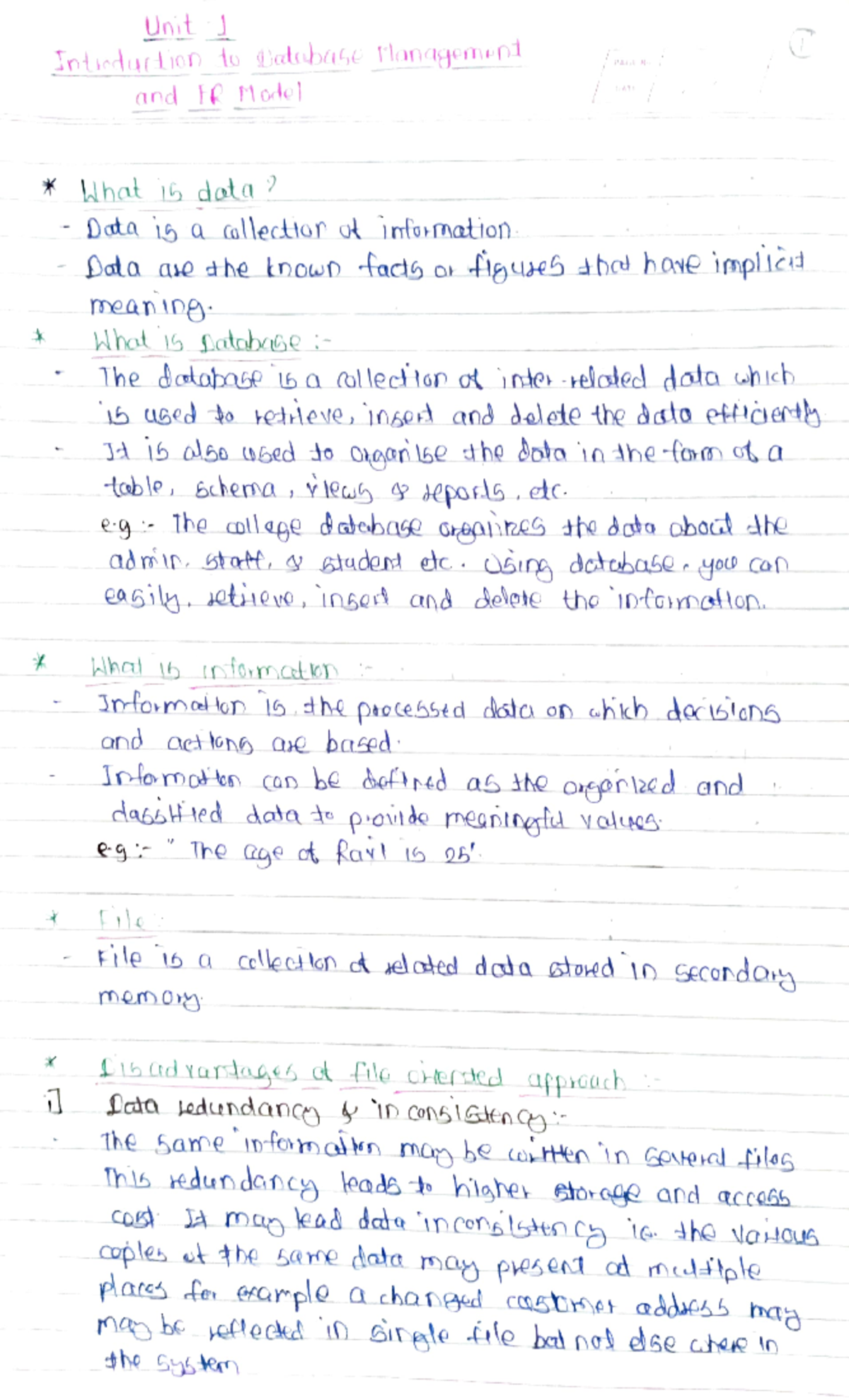 Unit 1- Introduction to DBMS and ER model - Unit 1 Intirduction to Datubase Management C and FR ...