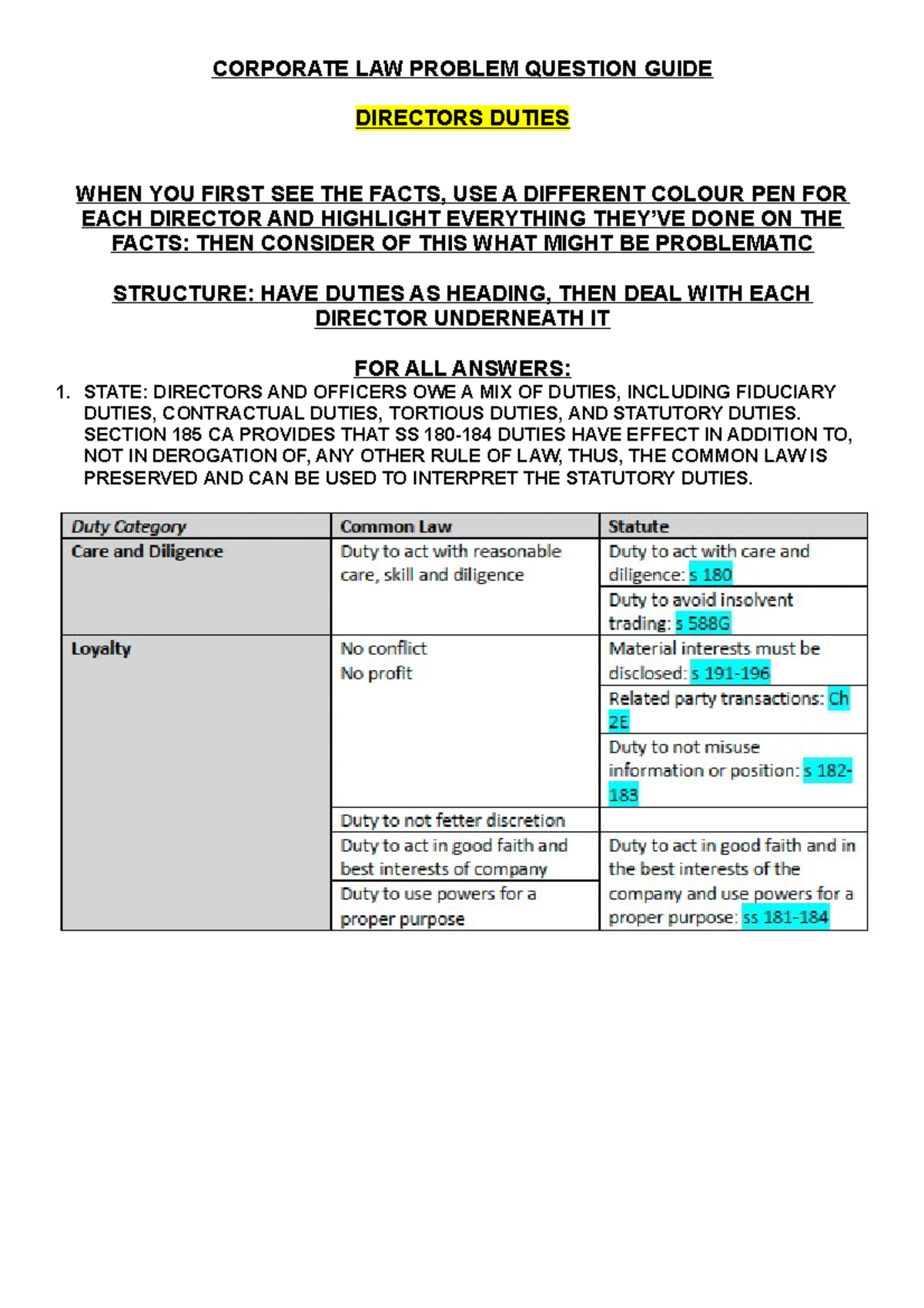 Corporate LAW Problem Question Guide (HD) - CORPORATE LAW PROBLEM QUESTION GUIDE DIRECTORS ...