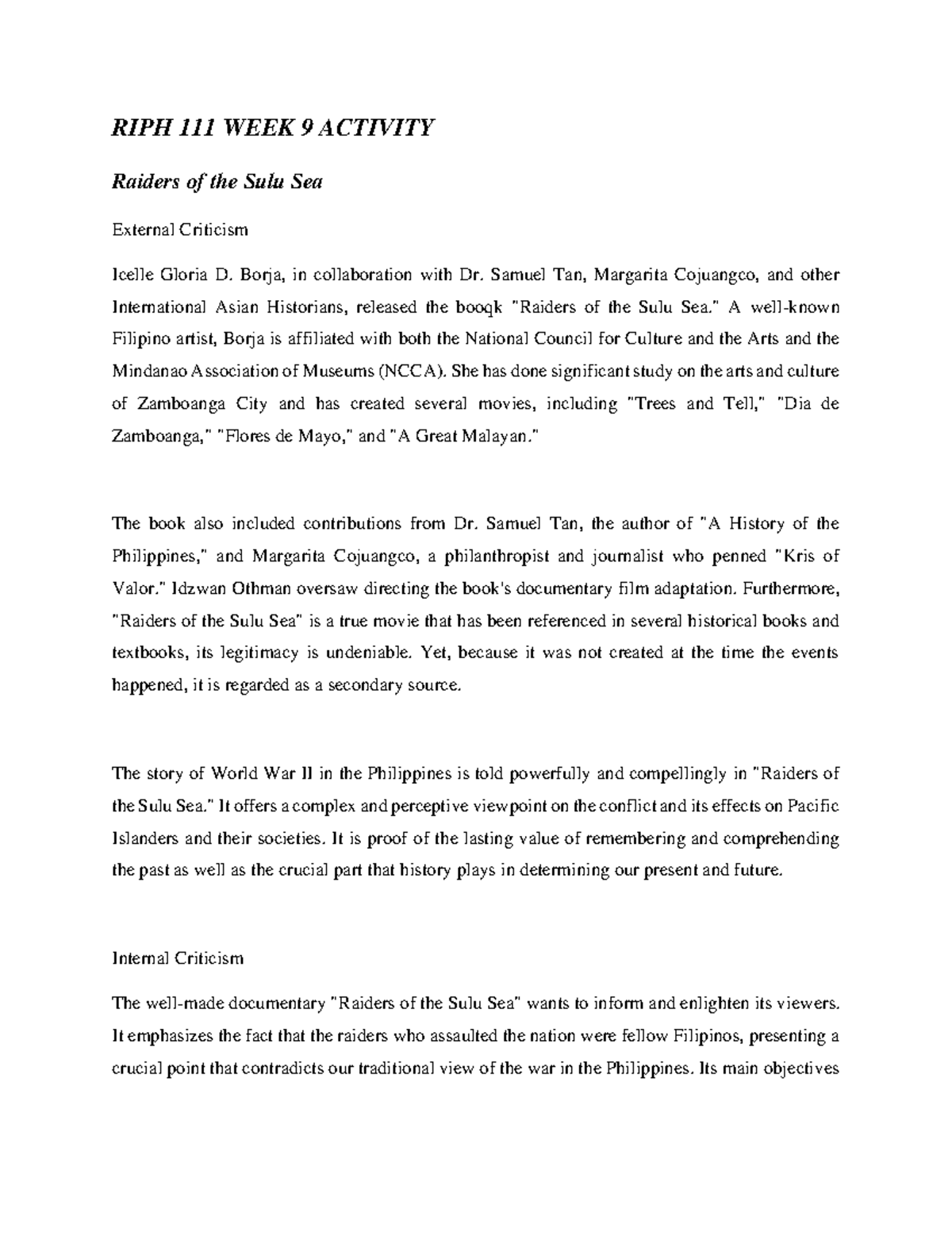RIPH 111 WEEK 9 Activity - RIPH 111 WEEK 9 ACTIVITY Raiders of the Sulu Sea External Criticism ...