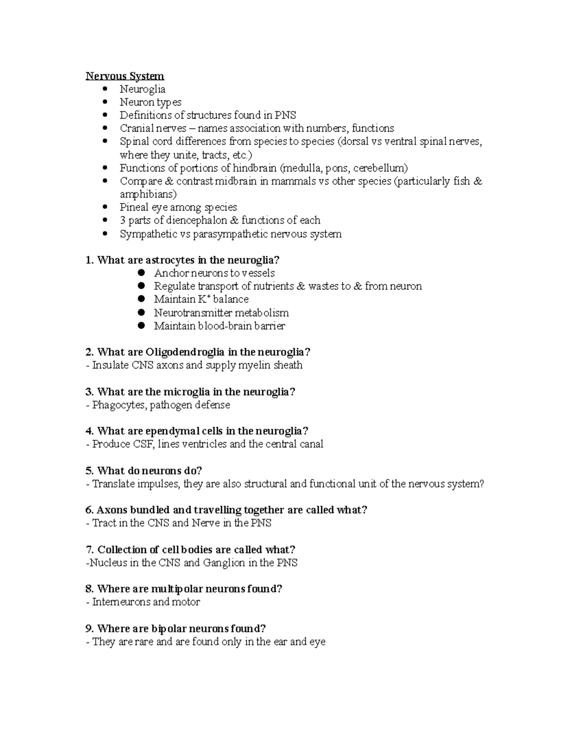 CNS Study Guide - Nervous System Neuroglia Neuron types Definitions of ...
