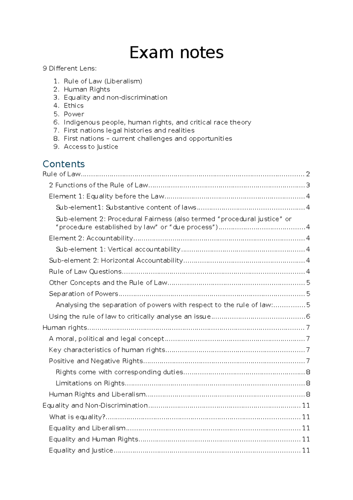 Exam notes - Rule of Law (Liberalism) 2. Human Rights 3. Equality and ...