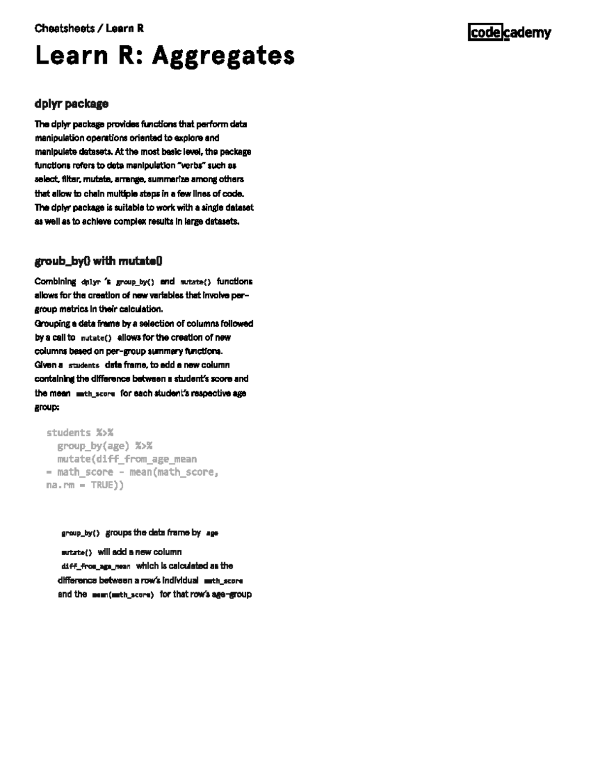 R cheat sheet [agg]R - Cheatsheets Learn R code cademy Learn R ...