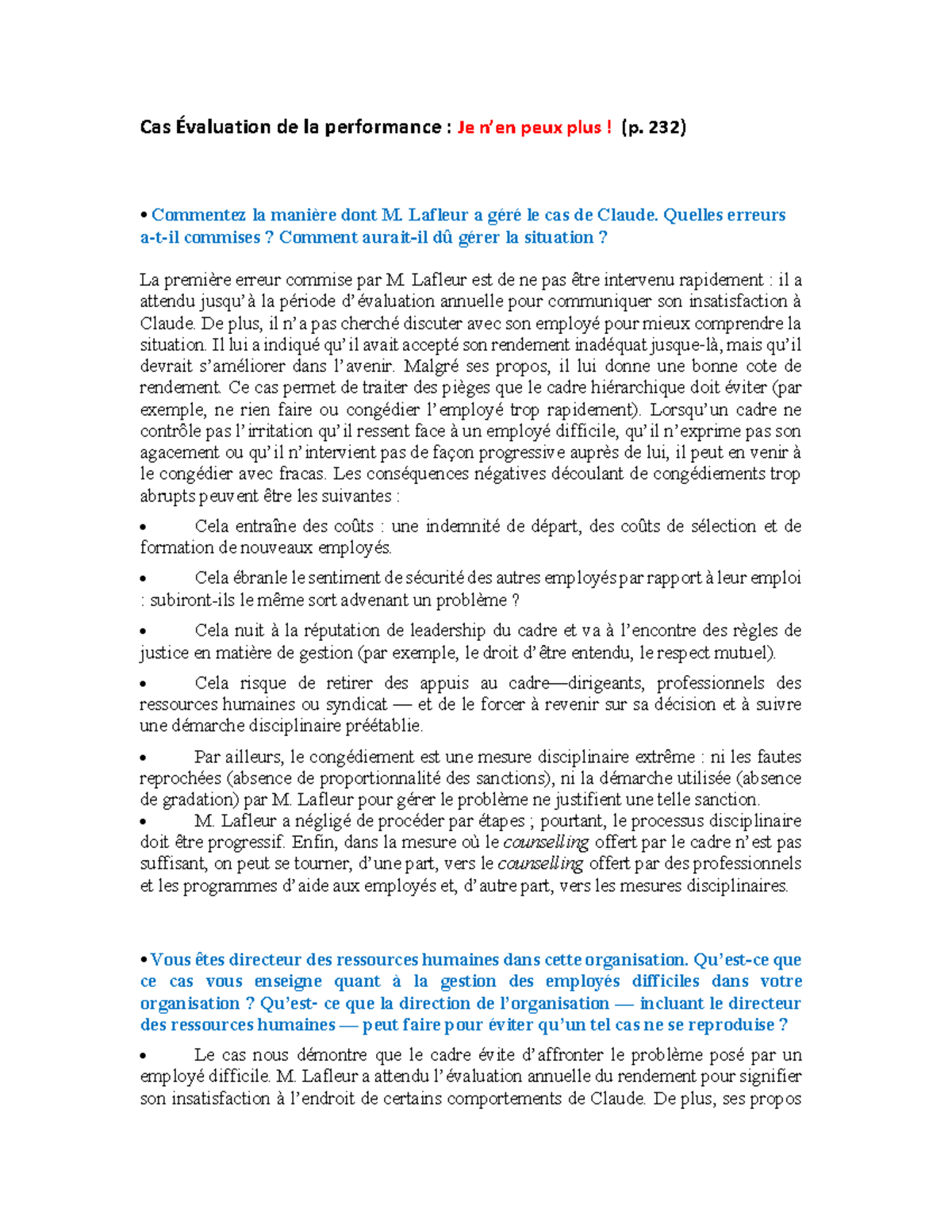 Solution cas gestion de la performance - Cas Évaluation de la ...