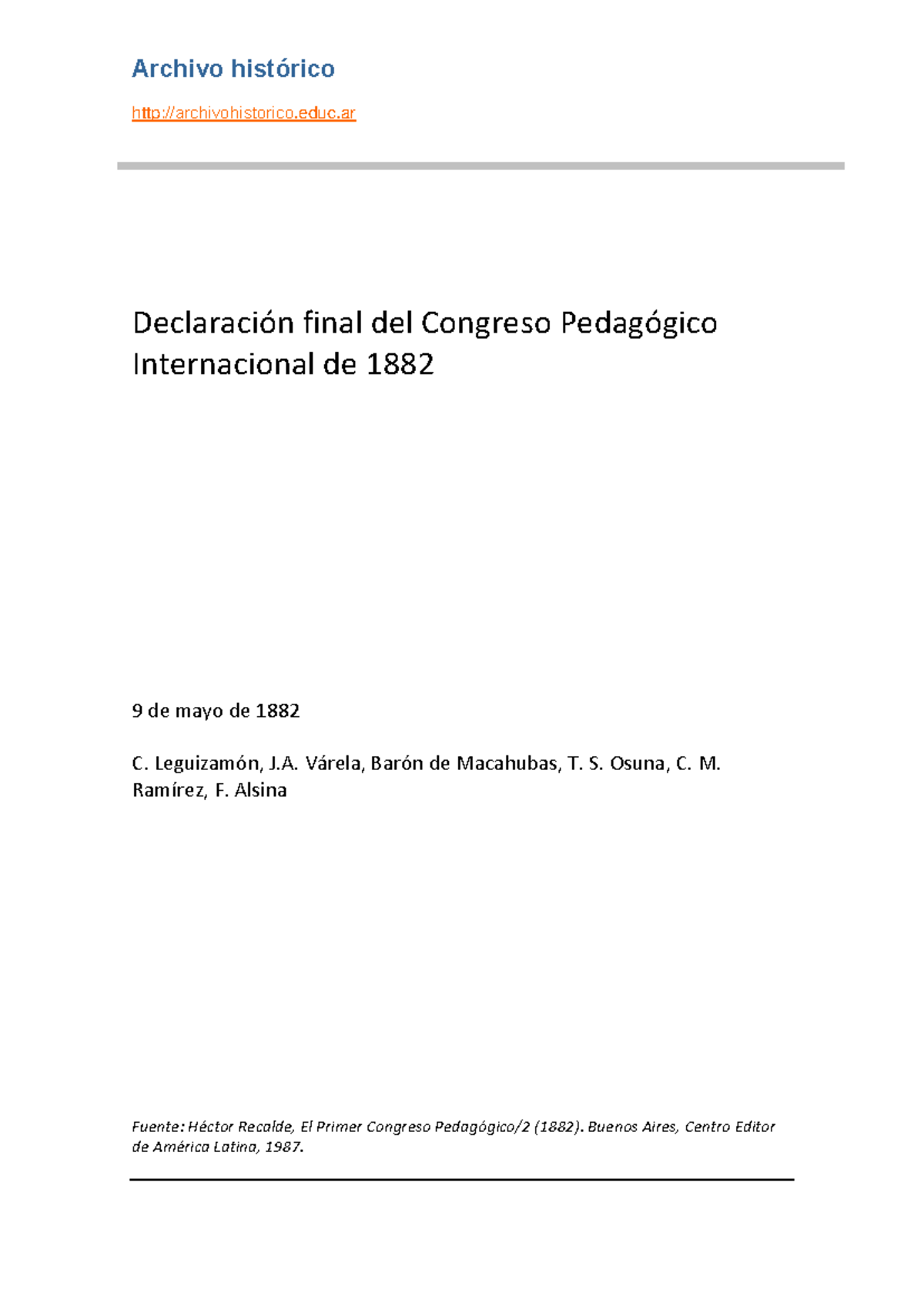 10 Declaración final Congreso Pedagógico Internacional 1882 - archivohistorico.educ Declaración ...