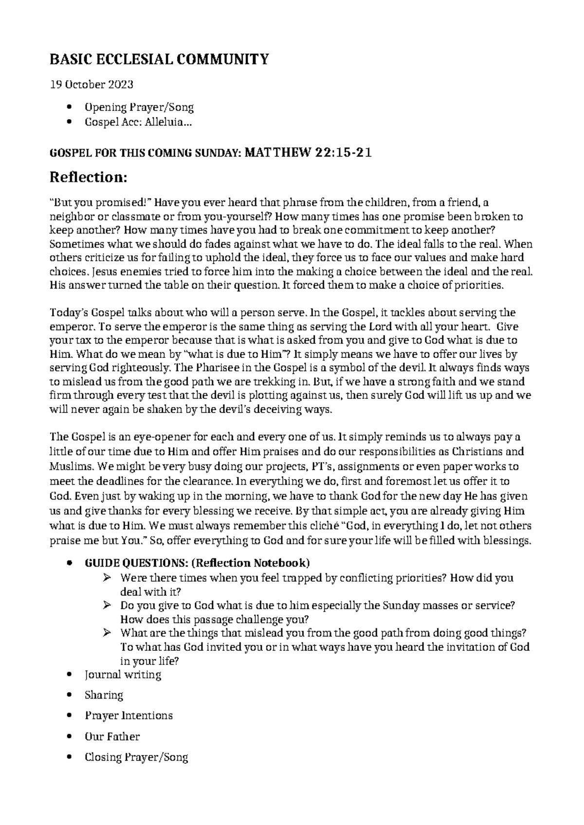 BEC 19 Oct 2023 - This is for your self-reflection. - BASIC ECCLESIAL COMMUNITY 19 October 2023 ...