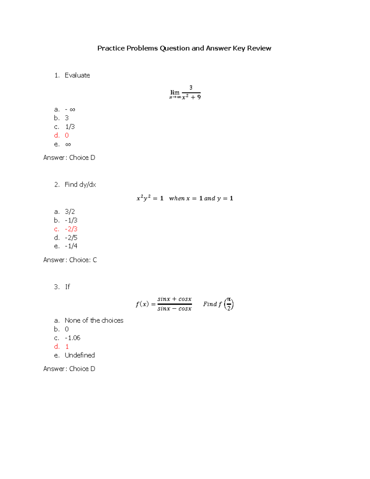 Practice Problems Question and Answer Key Review Part 2 - Practice ...