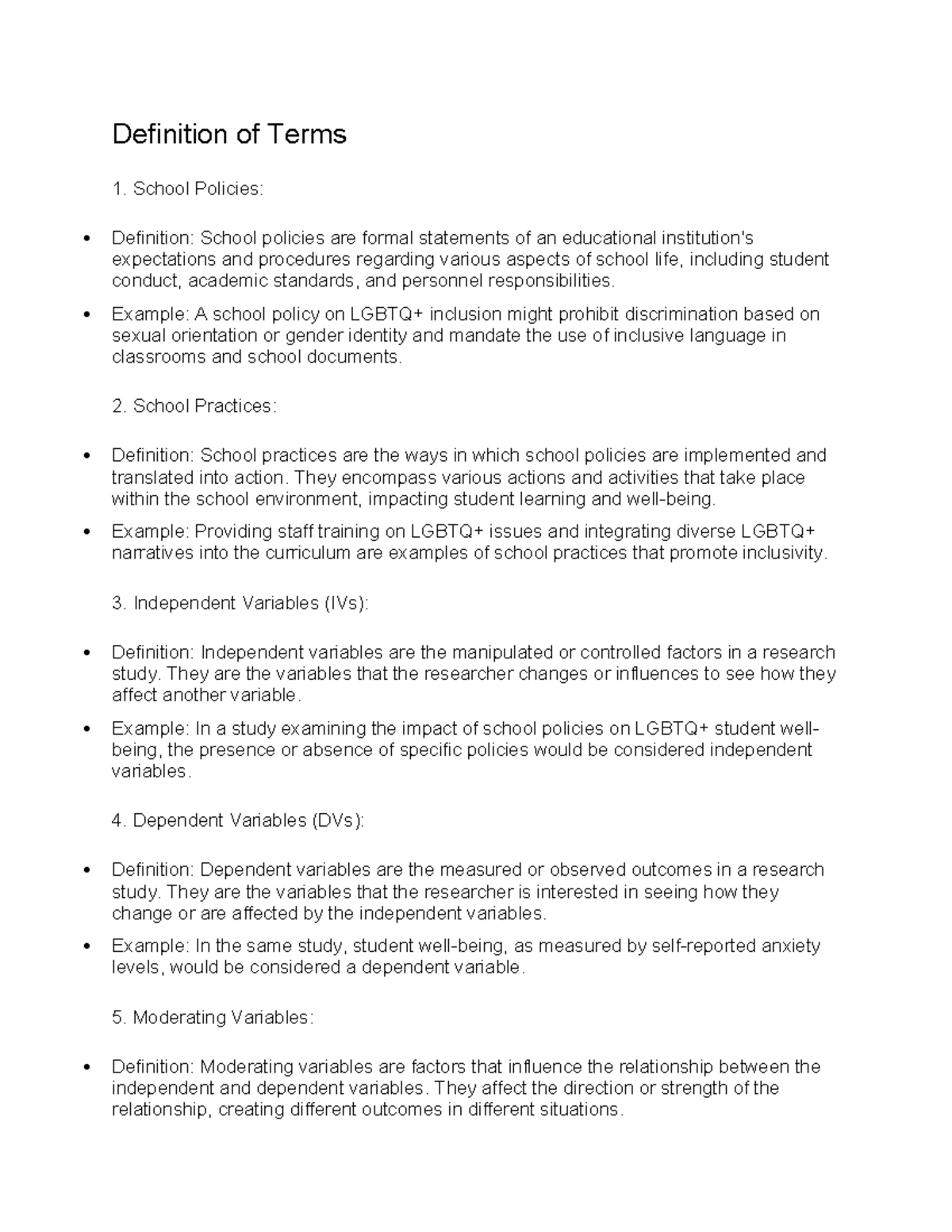 Definition of Terms - School Policies: Definition: School policies are ...