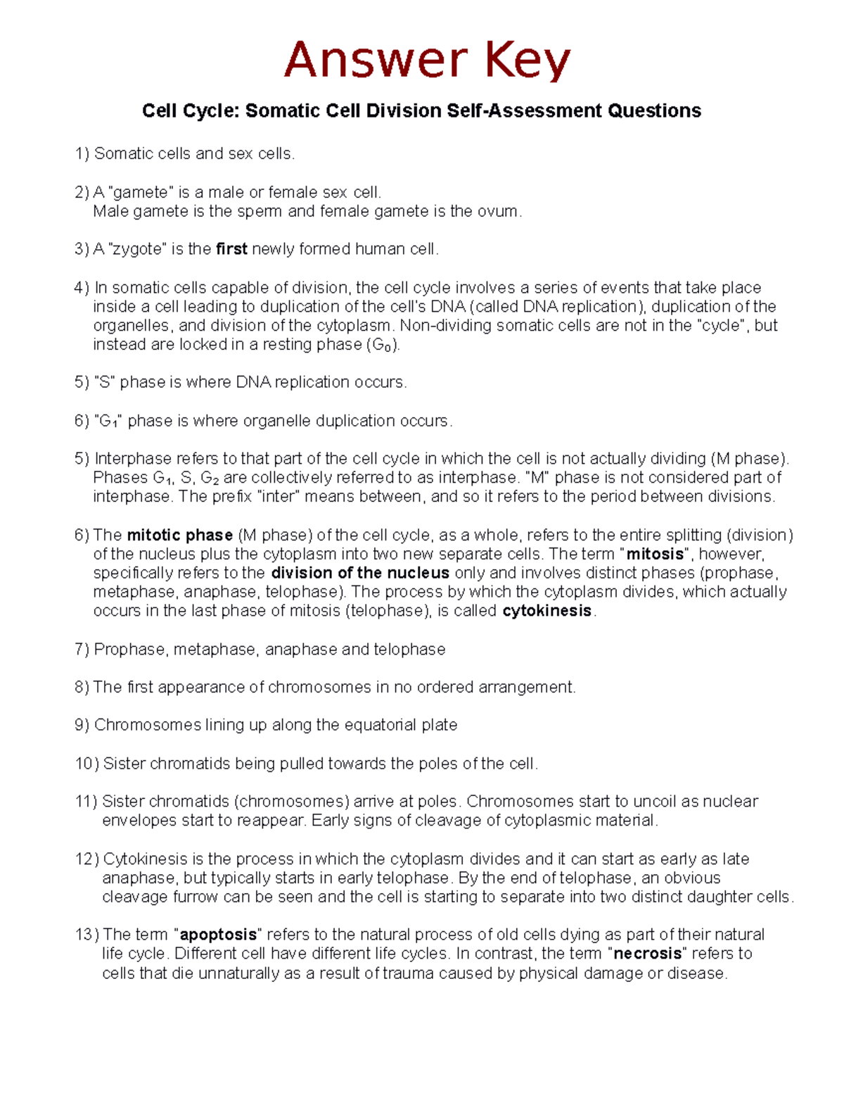 BIO 130 - Cell Cycle Somatic Cell Division Self-Assessment Questions ...