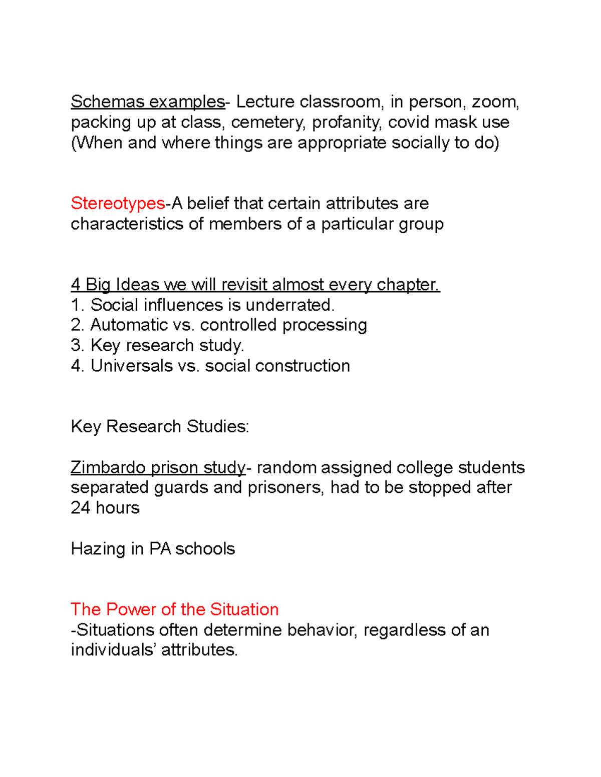 Social Psychology notes 3 - Schemas examples- Lecture classroom, in ...