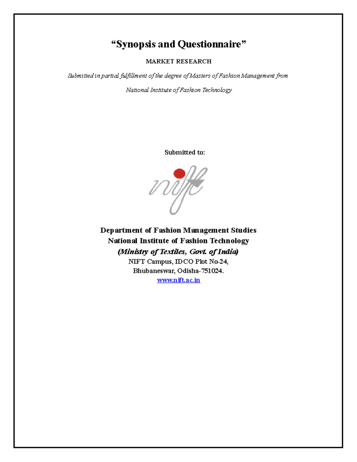 Synopsis (1) of fashion business research - “Synopsis and Questionnaire ...