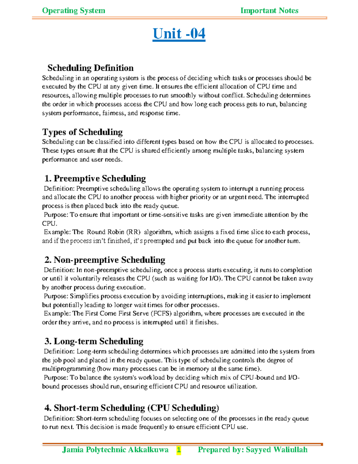 Unit-04 - Hi am study diploma in Computer engineering and technology - Unit - Scheduling ...