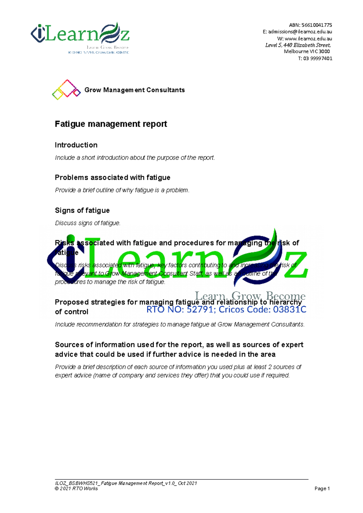 Bsbwhs 521 Fatigue Management Report v1.0 Oct 2021 - ABN: 56610041775 E ...
