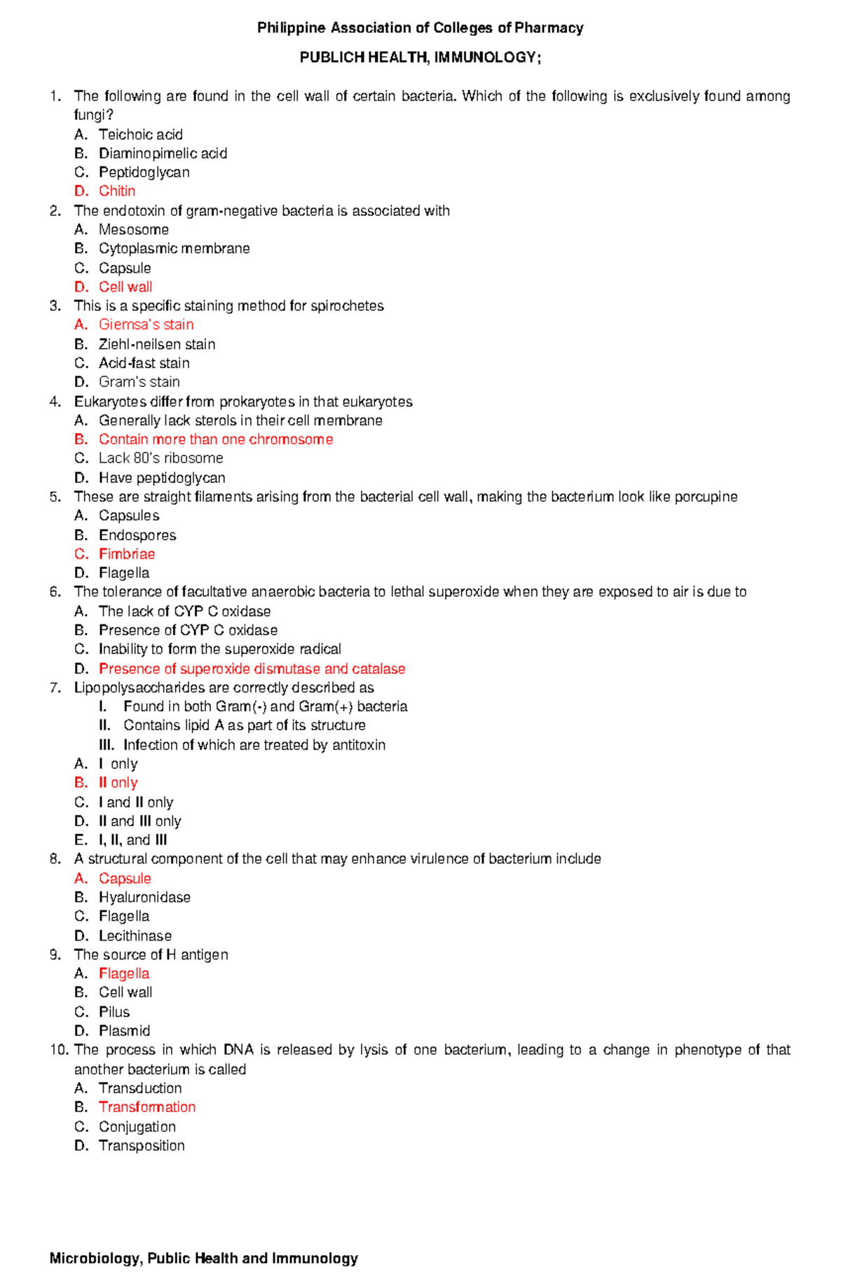 Micro-Para Answer Key-PINK Pacop - PUBLICH HEALTH, IMMUNOLOGY; The ...
