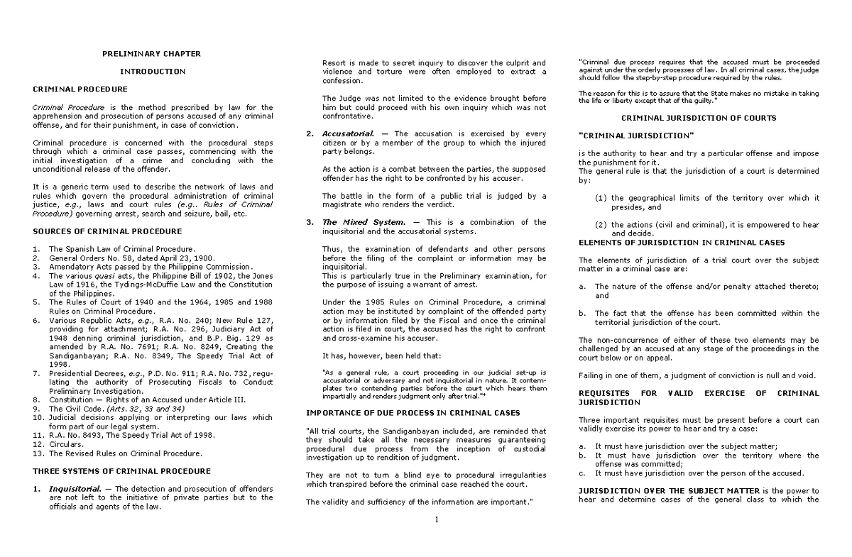 Crimpro herrera book digest - PRELIMINARY CHAPTER INTRODUCTION CRIMINAL ...