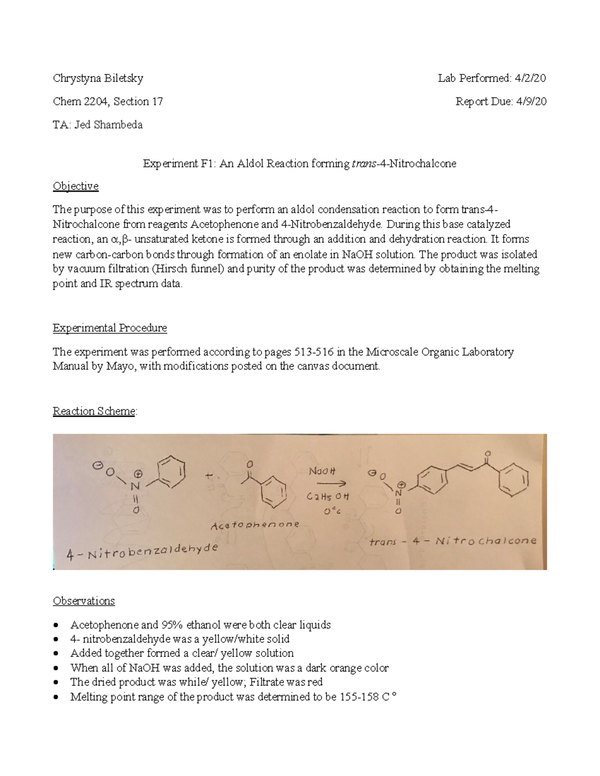 Experiment F1 - Chrystyna Biletsky Lab Performed: 4/2/ Chem 2204 ...