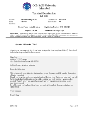 Report Writing Skills( Letter) - CUI - Studocu