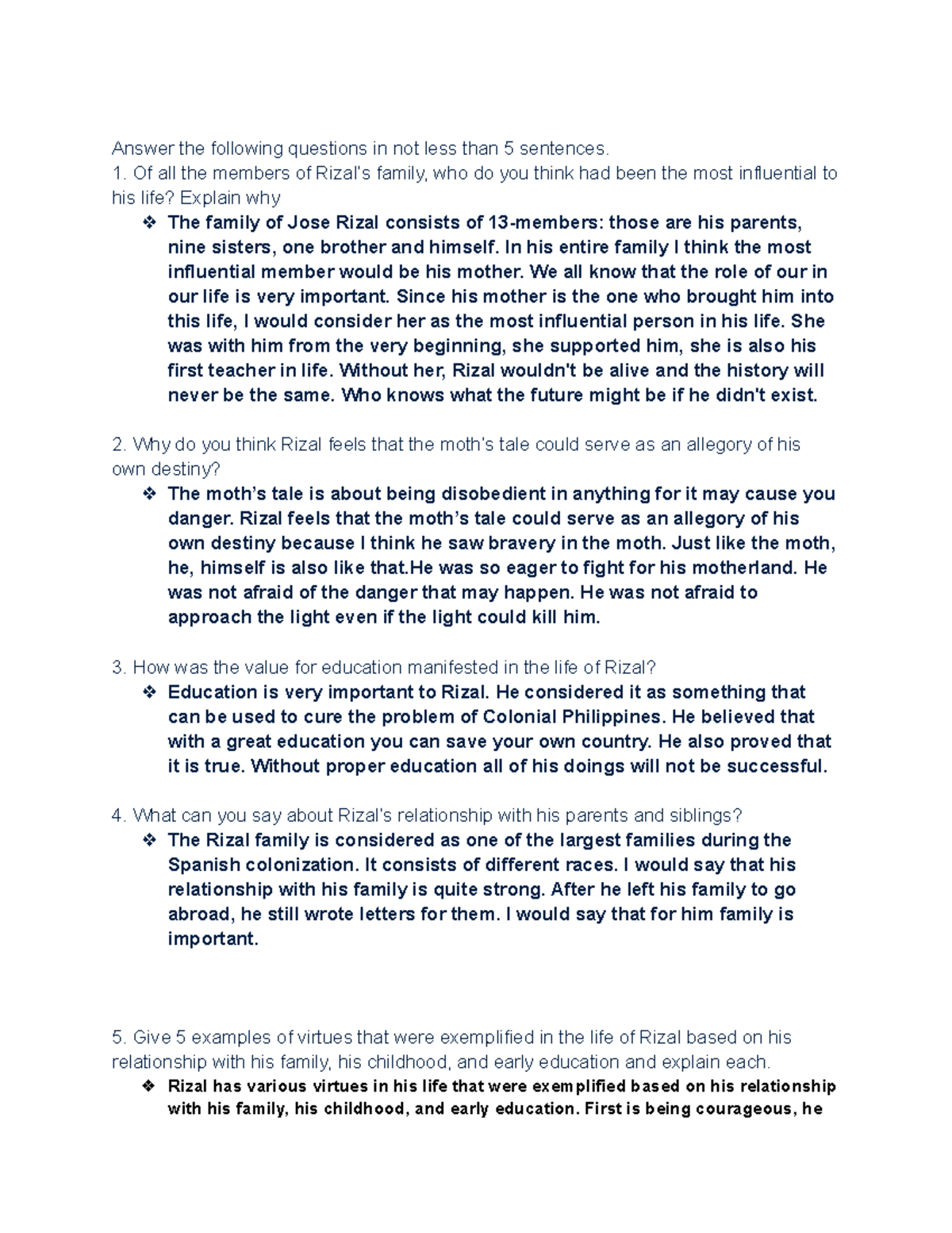 Rizal’s family - Answer the following questions in not less than 5 ...