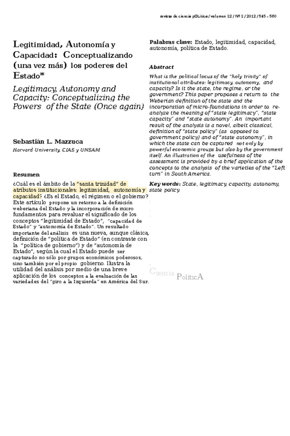 Mazzuca subrayado - texto subrayada - revista de ciencia pOLítica ...