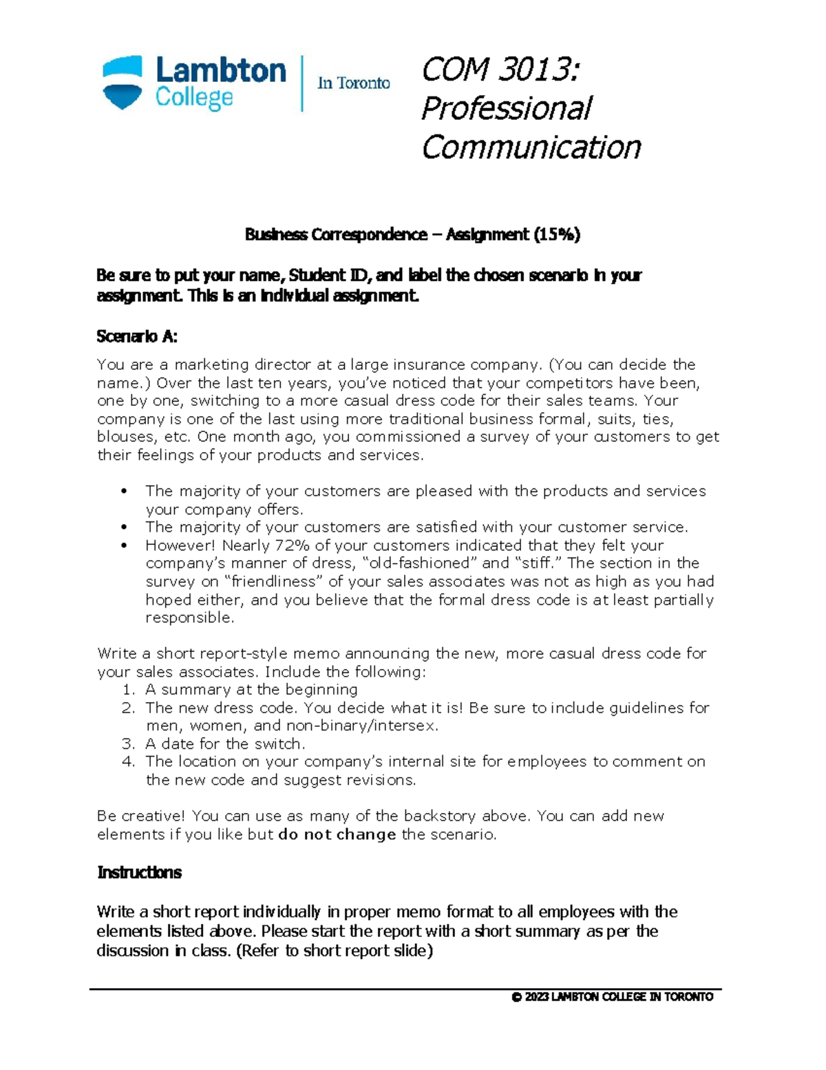 COM 3013 Business Corespondence W2023 - Professional Communication Business Correspondence ...