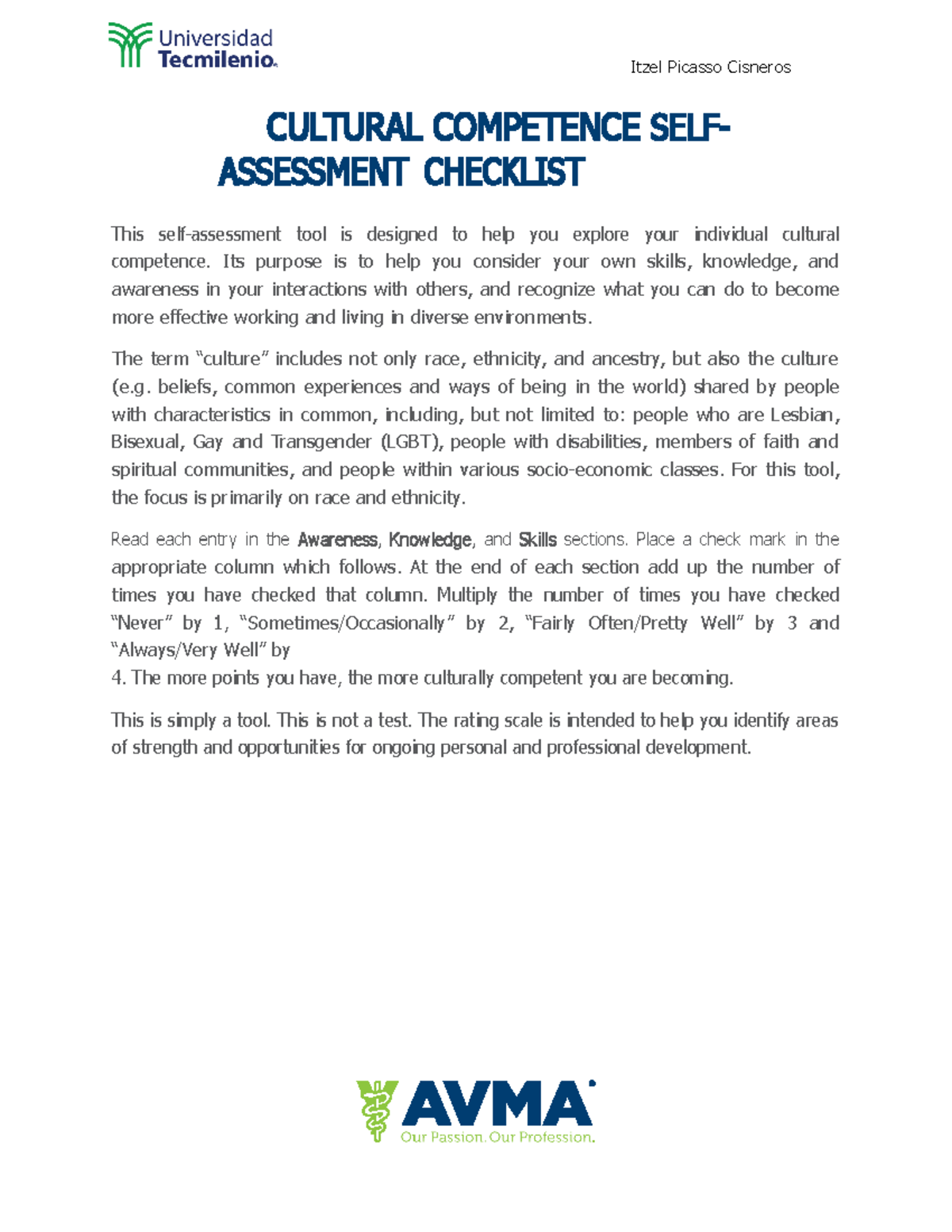A10 Diversity-Cultural Competence Checklist - Itzel Picasso Cisneros ...
