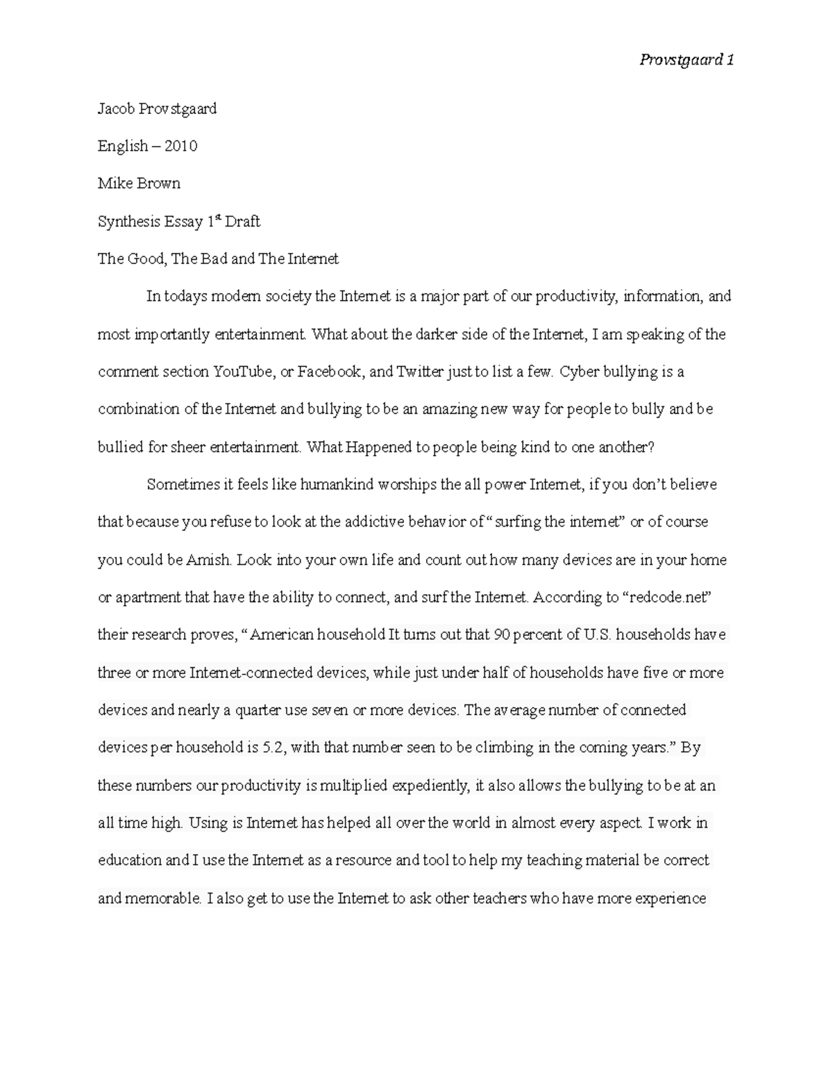 Synthesis Cyber Bullying 1st Draft - Jacob Provstgaard English – 2010 ...