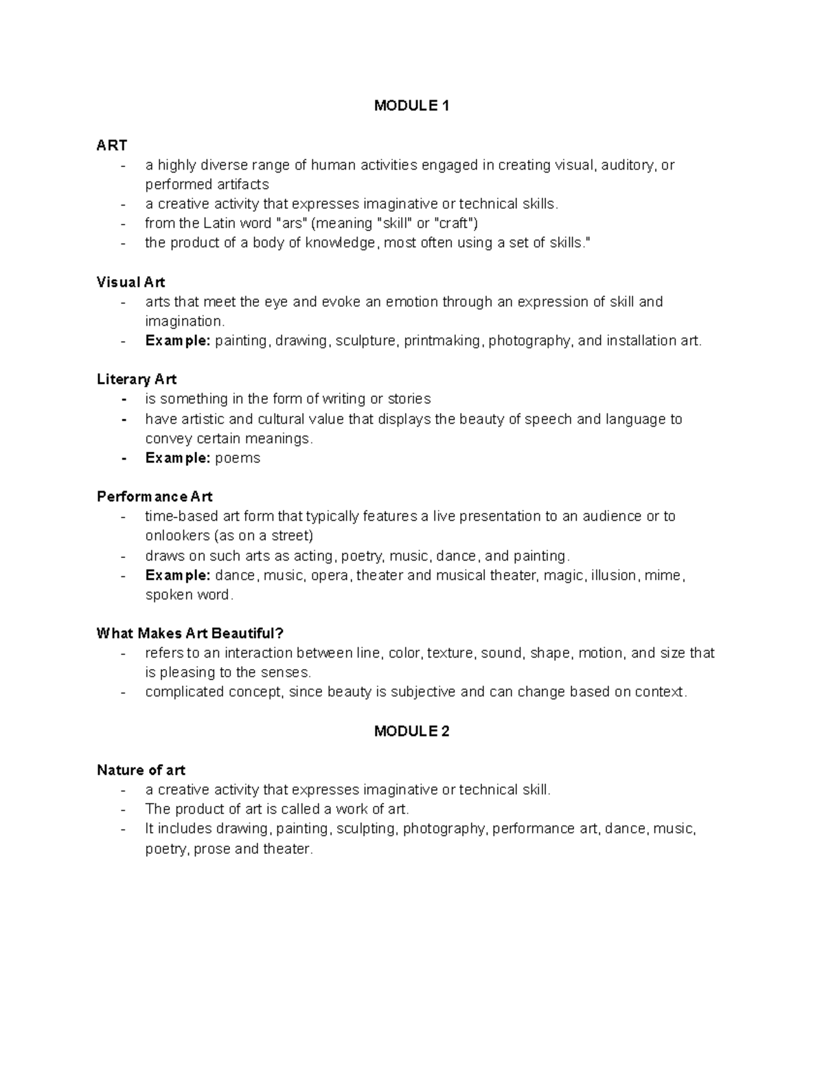 ART 002 Exam Reviewer - goodluck - MODULE 1 ART a highly diverse range of human activities ...