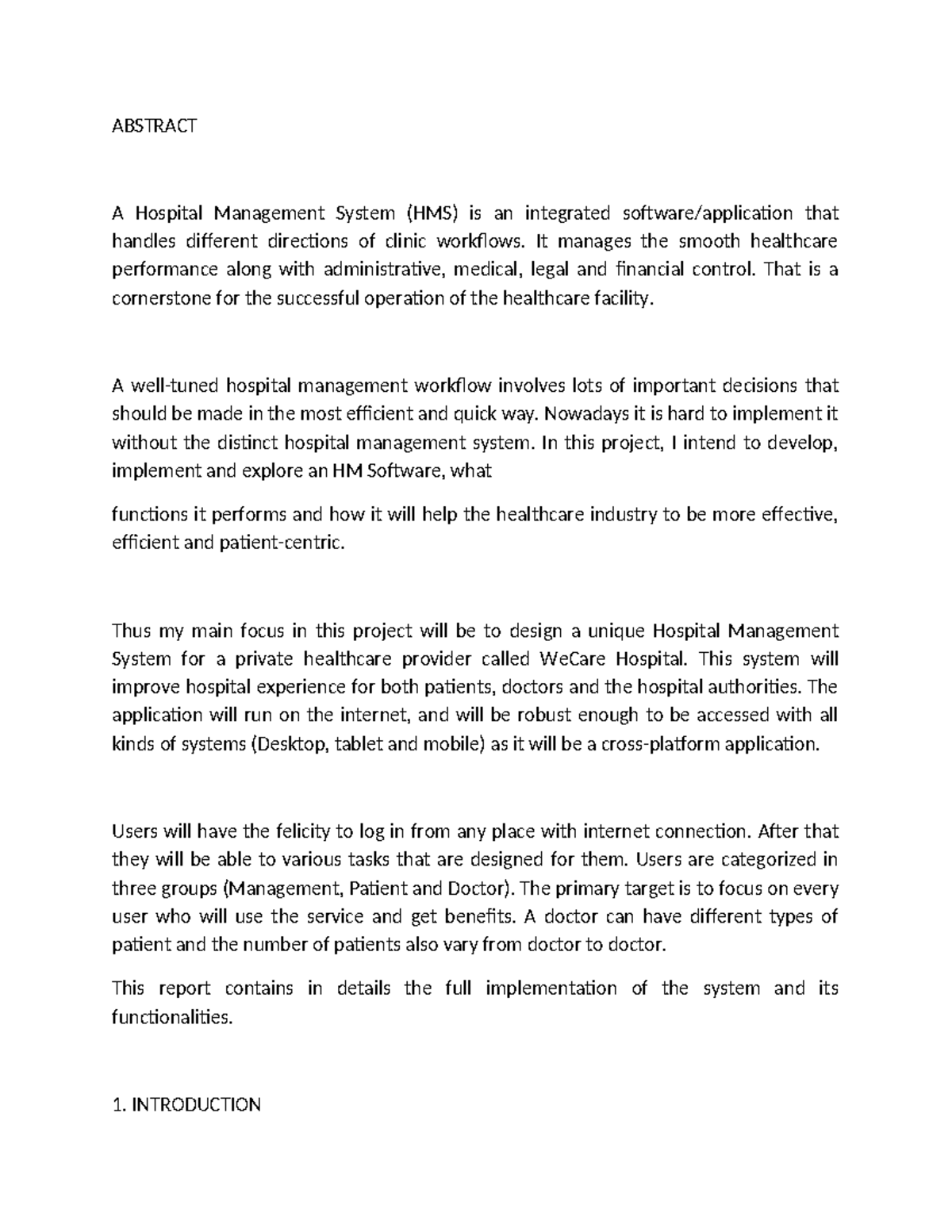 Bachelor Thesis - ABSTRACT A Hospital Management System (HMS) is an ...