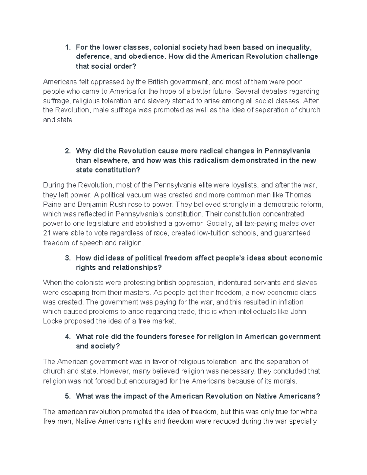 Chapter 6 questions - us - For the lower classes, colonial society had ...