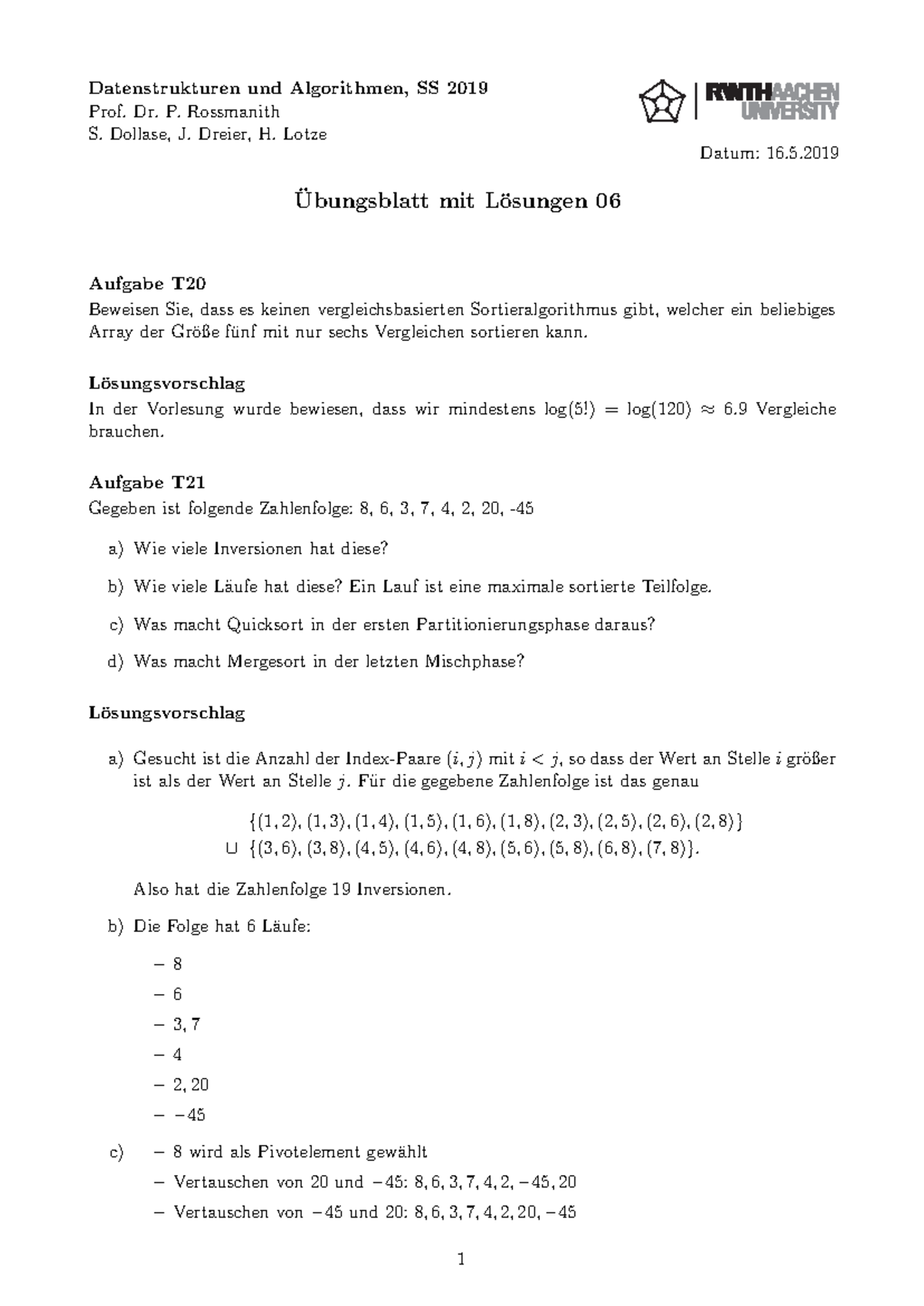 Exercise 06 sol - Datenstrukturen und Algorithmen, SS 2019 Prof. Dr. P ...
