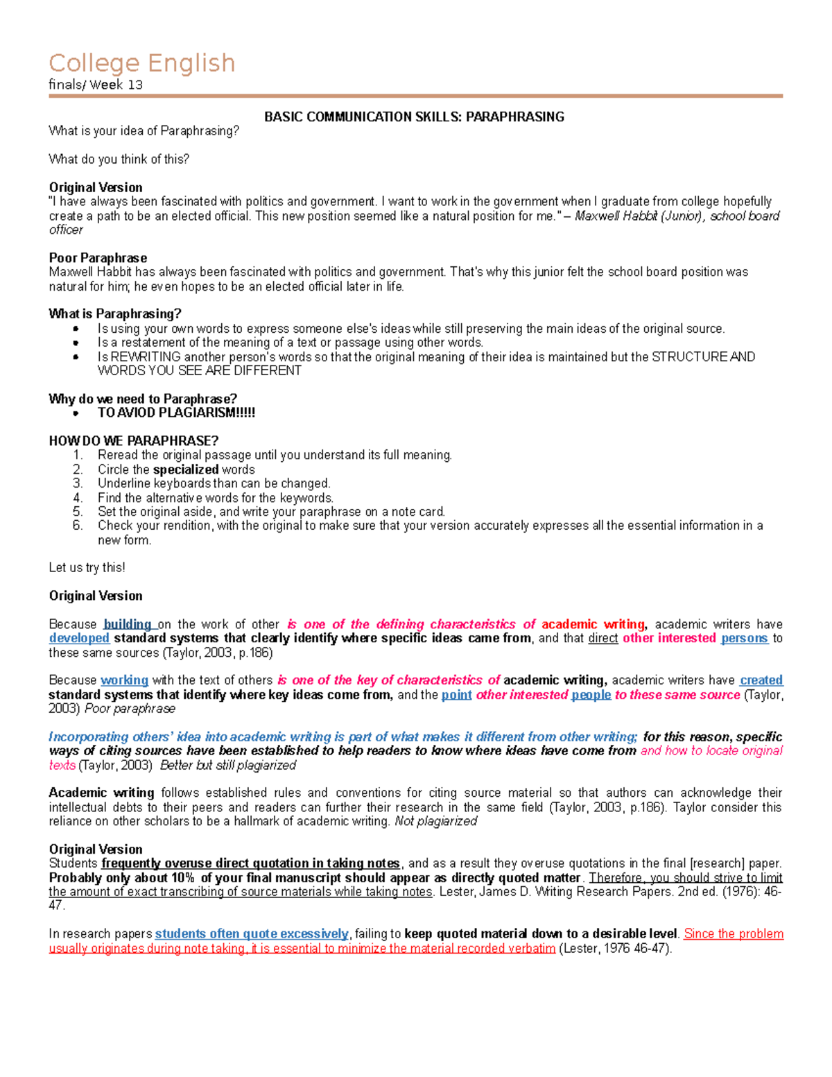 Paraphrasing - NOTES - College English finals/ Week 13 BASIC ...