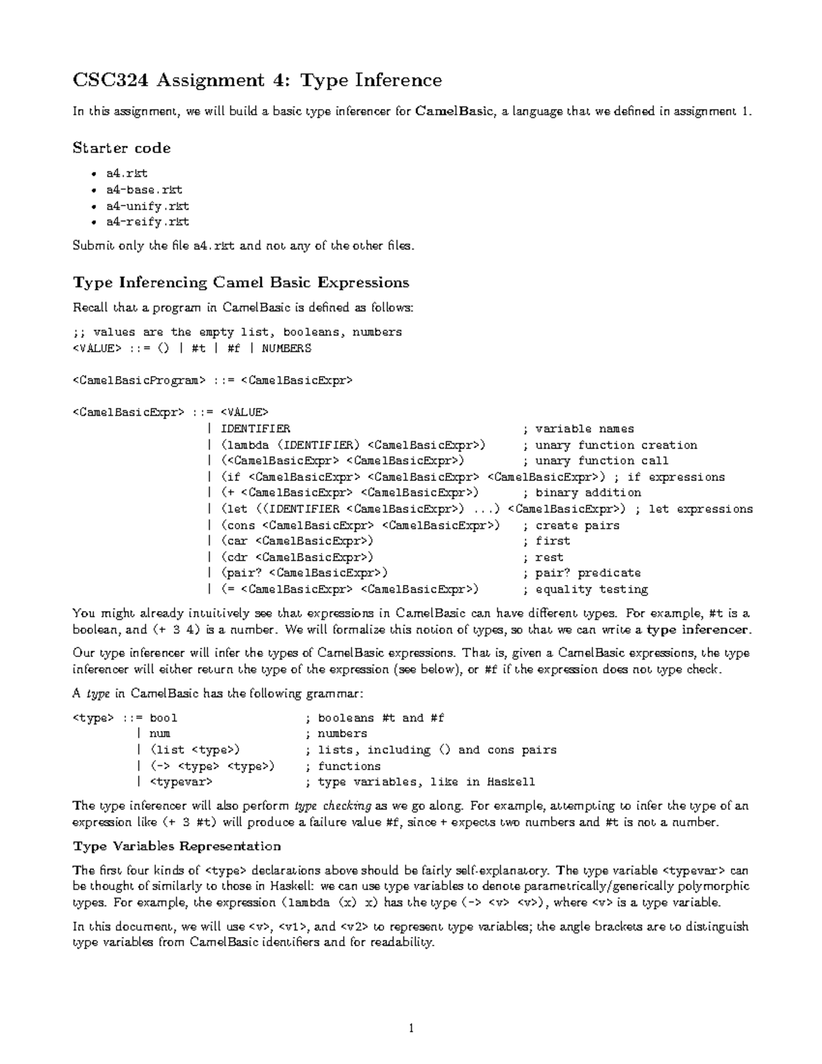 W12handout - Handout for A4 CSC324 - CSC324 Assignment 4: Type Inference In this assignment, we ...