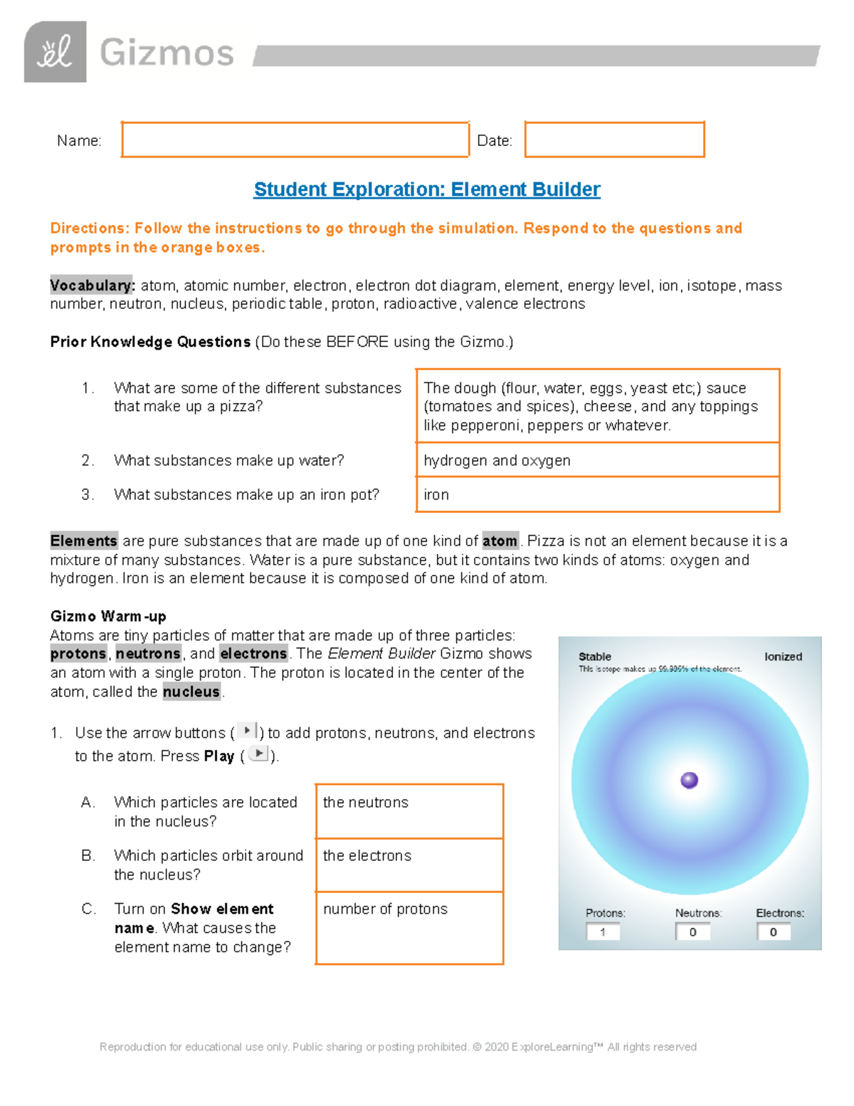Element Builder SE Gizmo - Name: Date: Student Exploration: Element ...