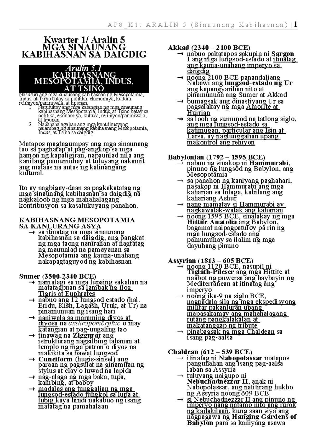 AP8 Q1 L5 (Sinaunang Kabihasnan) - Kwarter 1/ Aralin 5 MGA SINAUNANG KABIHASNAN SA DAIGDIG ...