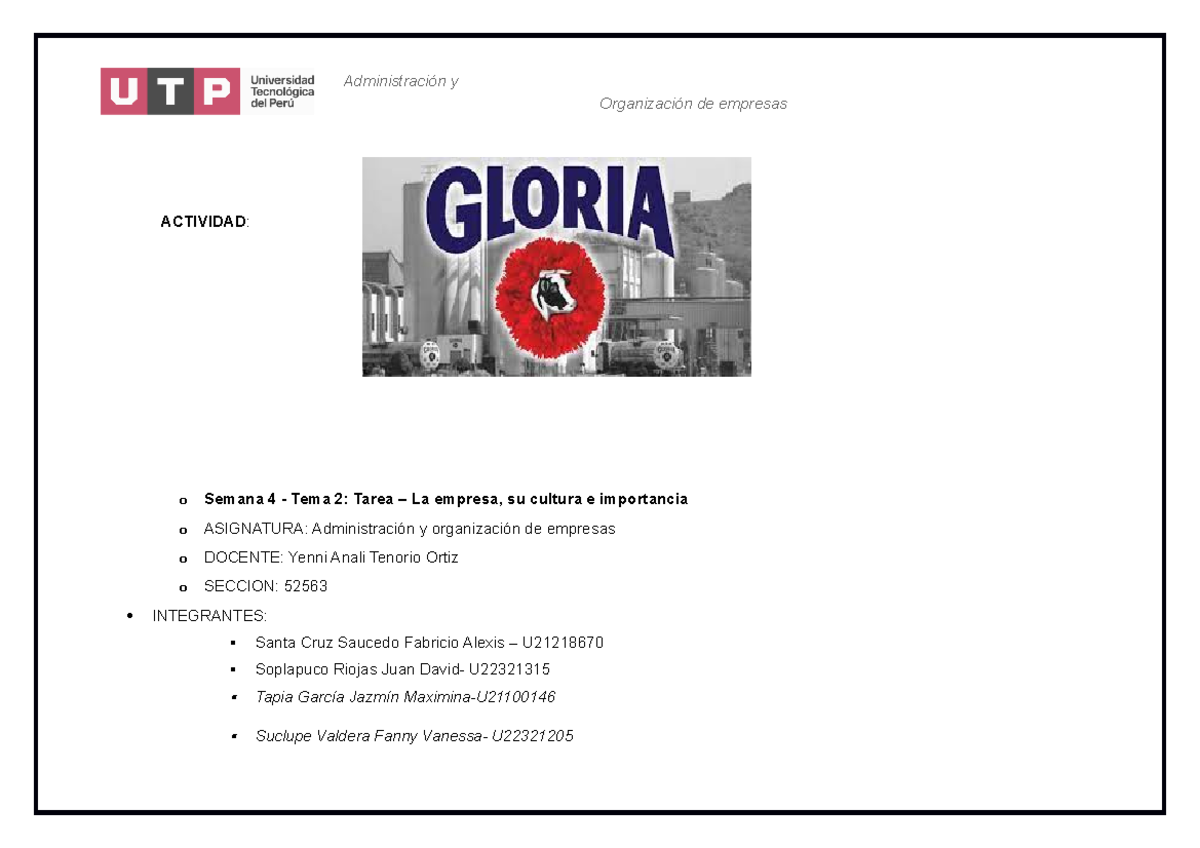 Semana 04 Administracion Organización De Empresas Actividad O Semana 4 Tema 2 Tarea La