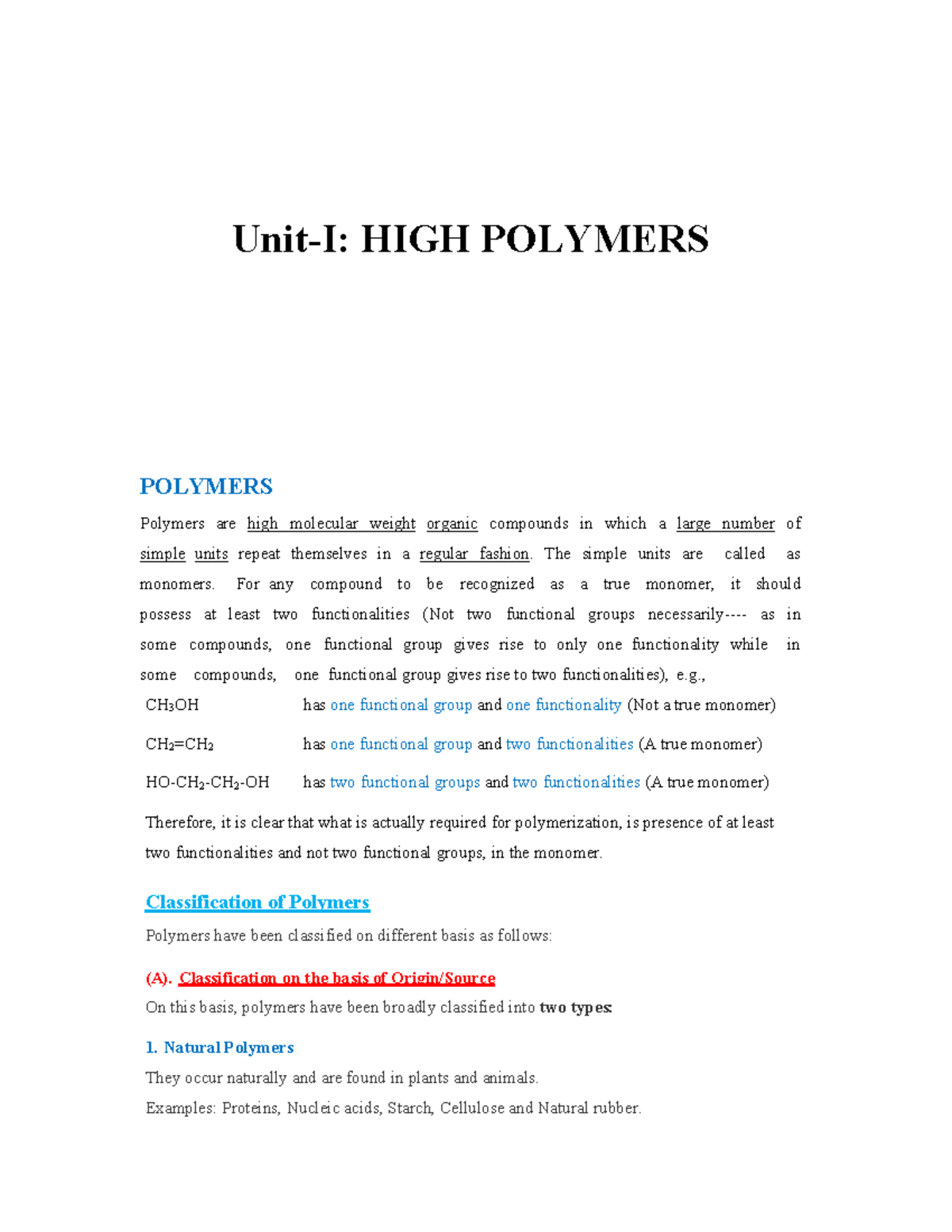 Engineering Chemistry - High Polymers - Unit-I: HIGH POLYMERS POLYMERS ...