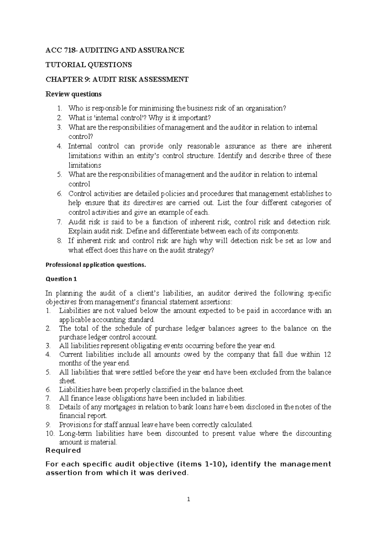 Tutorial question chapter 9 - ACC AUDITING AND ASSURANCE TUTORIAL QUESTIONS CHAPTER 9: AUDIT ...