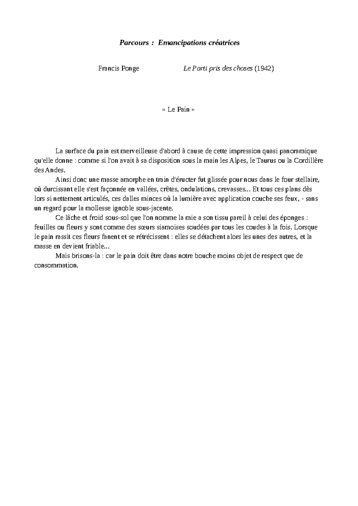 Texte Le Pain - Ponge - Parcours : Emancipations créatrices Francis ...