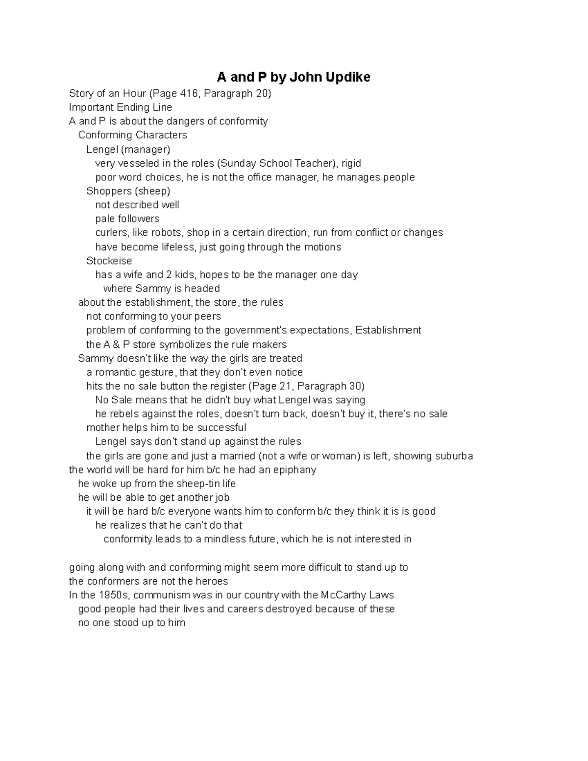 ENGL 1100 - Lecture Notes on A and P by John Updike - Literary Interp ...